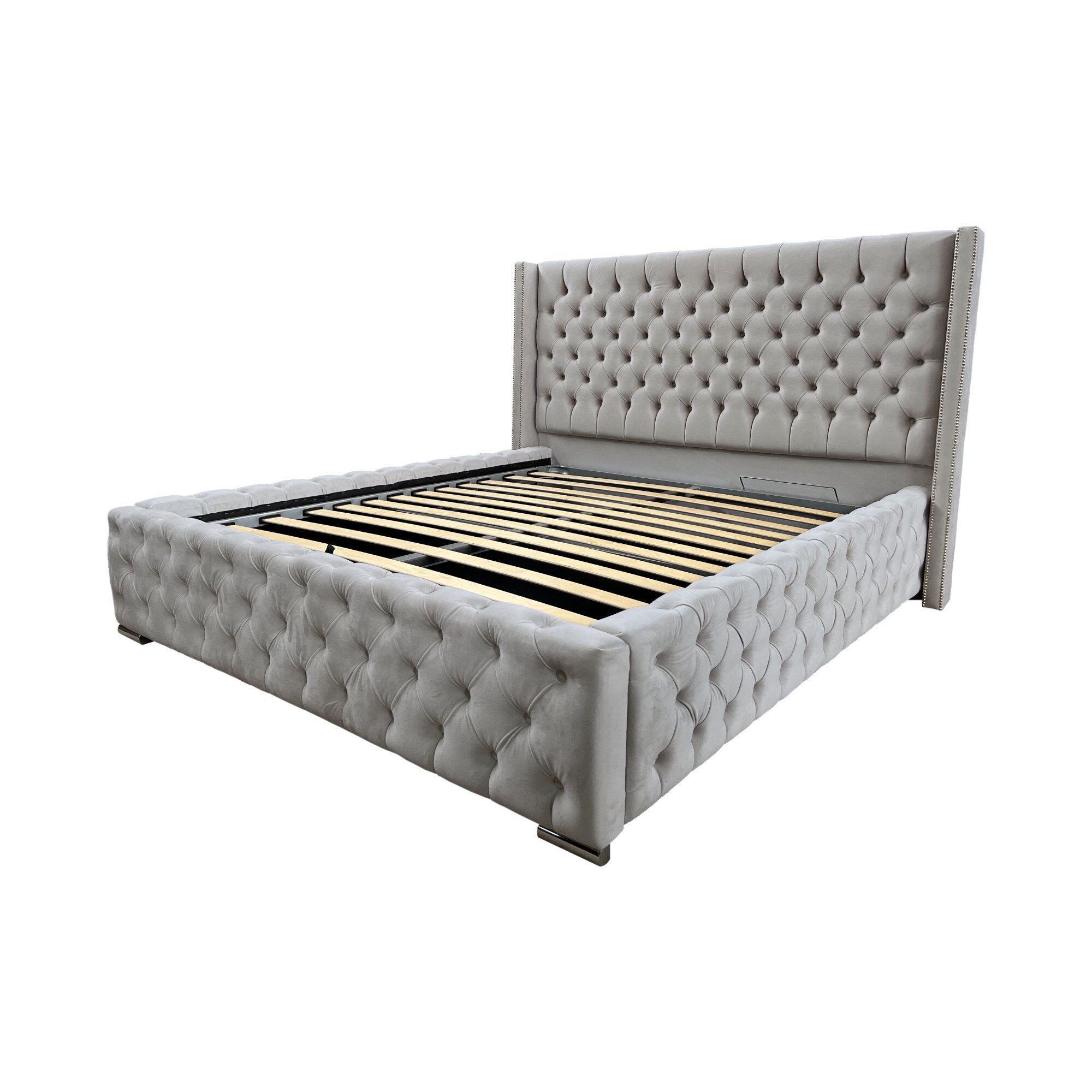 Pat tapitat Pierre Luxury, cu lada de depozitare si somiera rabatabila ...