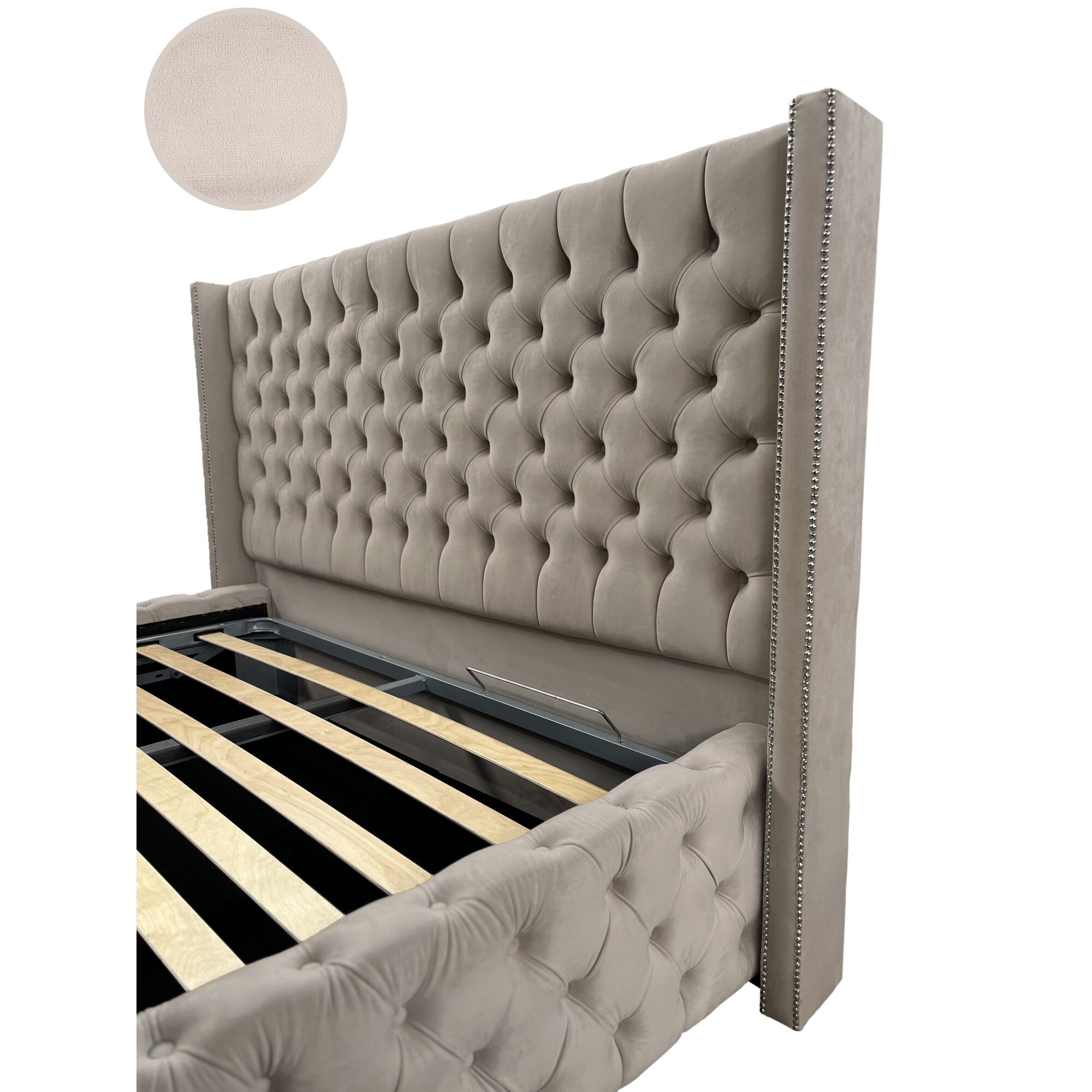 Pat tapitat Pierre Luxury, cu lada de depozitare si somiera rabatabila ...