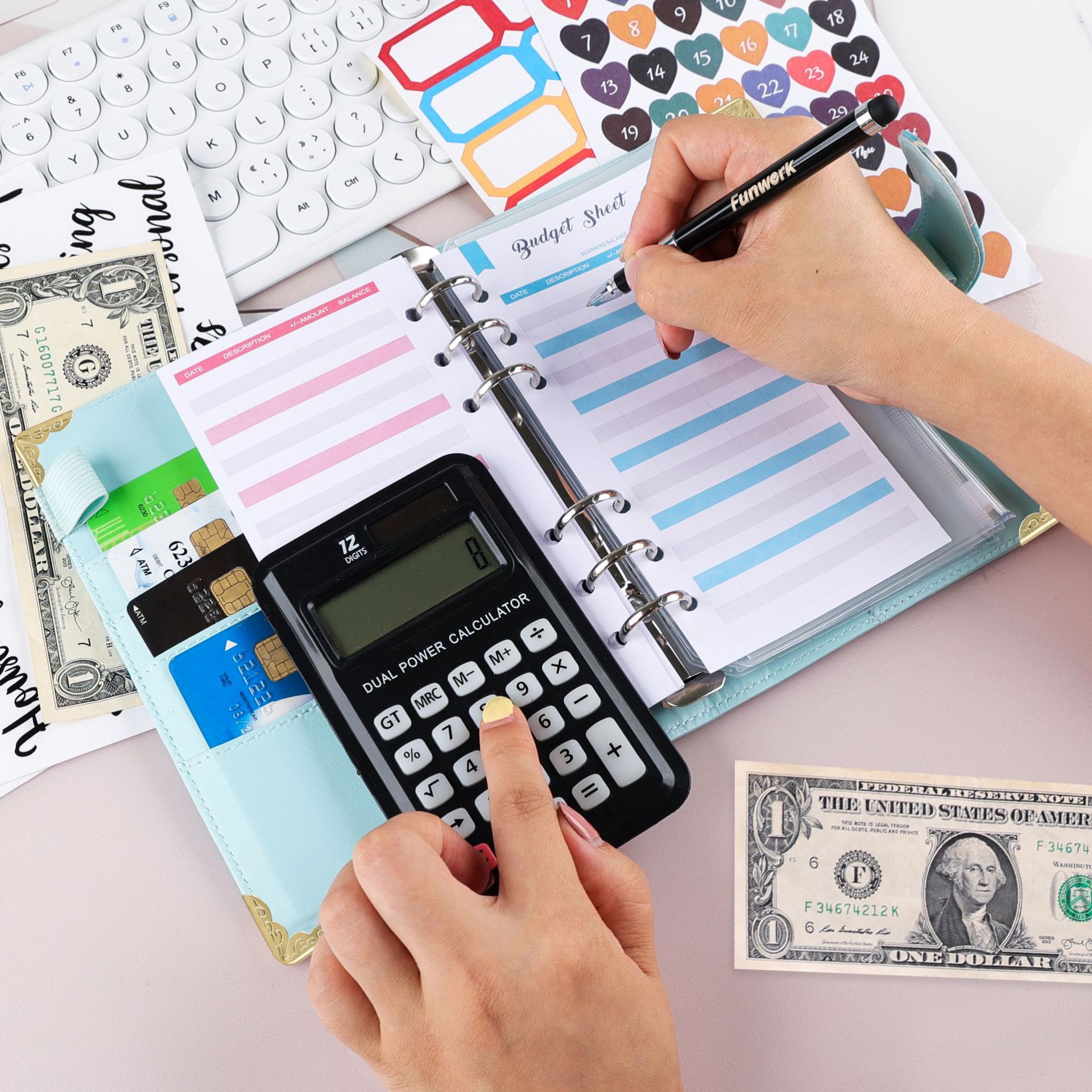 Planificator buget, MAIHAOYU, A6, Piele ecologica/PVC, albastru/alb ...