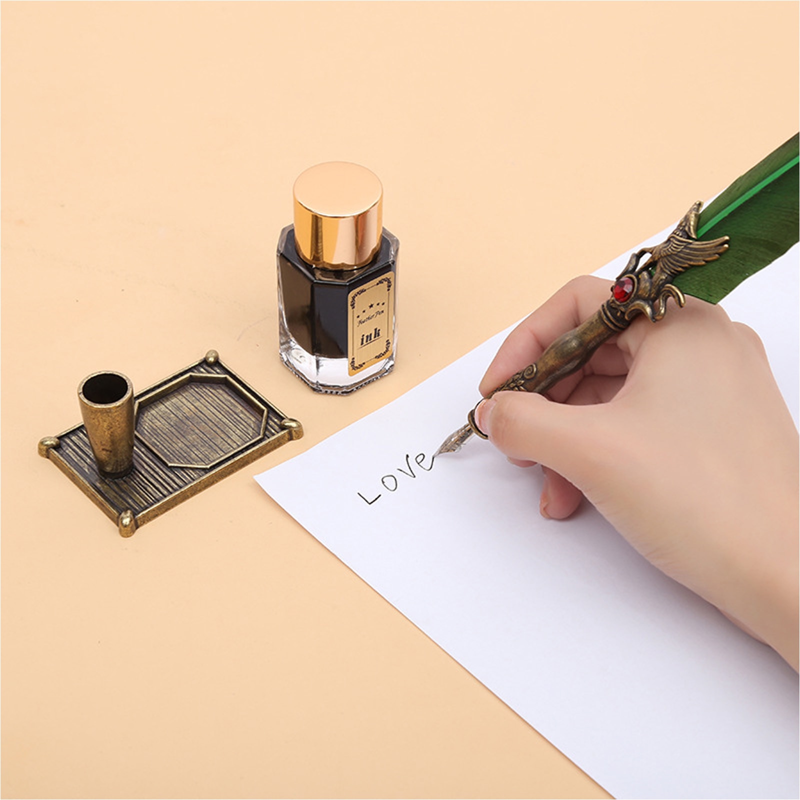 Set Stilou Vintage, Darklove, Caligrafie, Cu pana de gasca, 10 varfuri ...