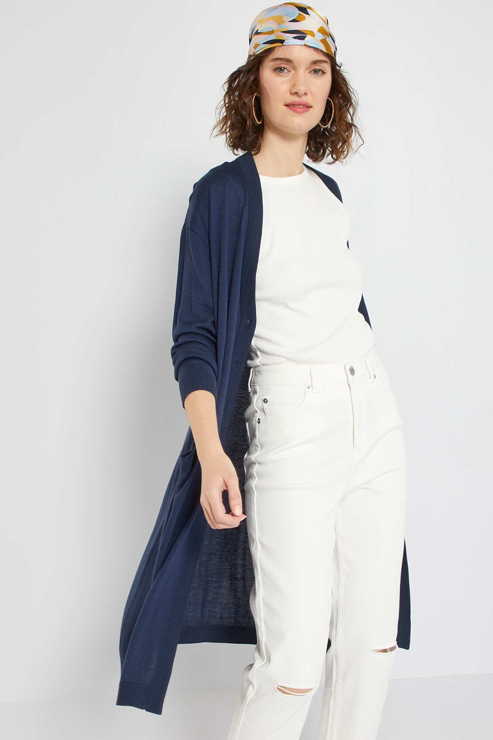 KIABI, Cardigan uni lung, Albastru marin, S - eMAG.ro