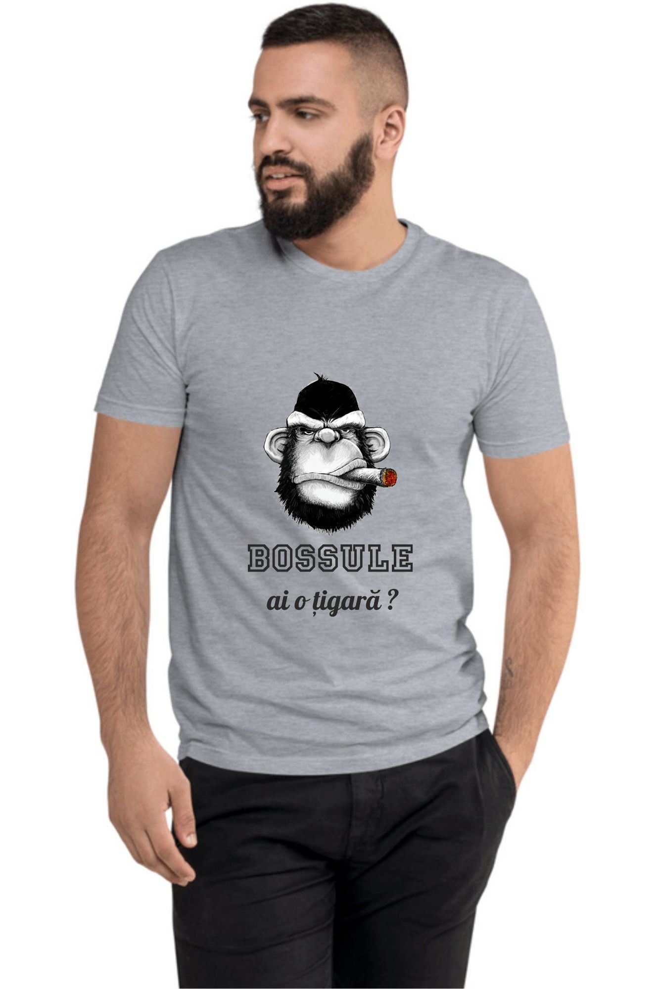 Tricou barbati personalizat "Bossule ai o tigara?", Gri, M - eMAG.ro