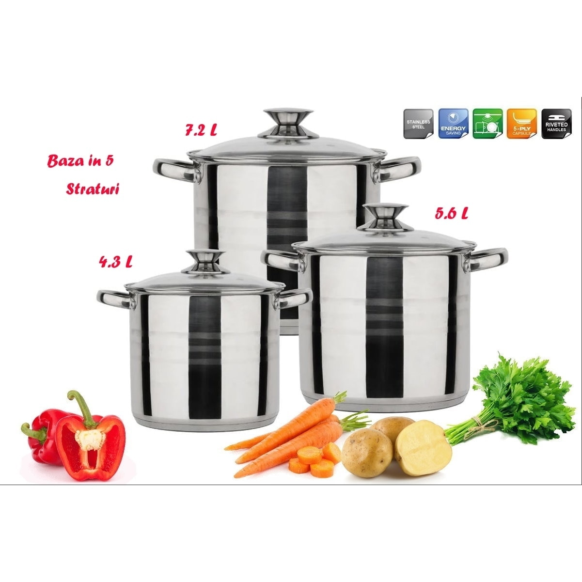 Set Inox 6 PCS Oale cu Capac Stıcla 4L, 5L, 7L 23716 CTO2022 - eMAG.ro