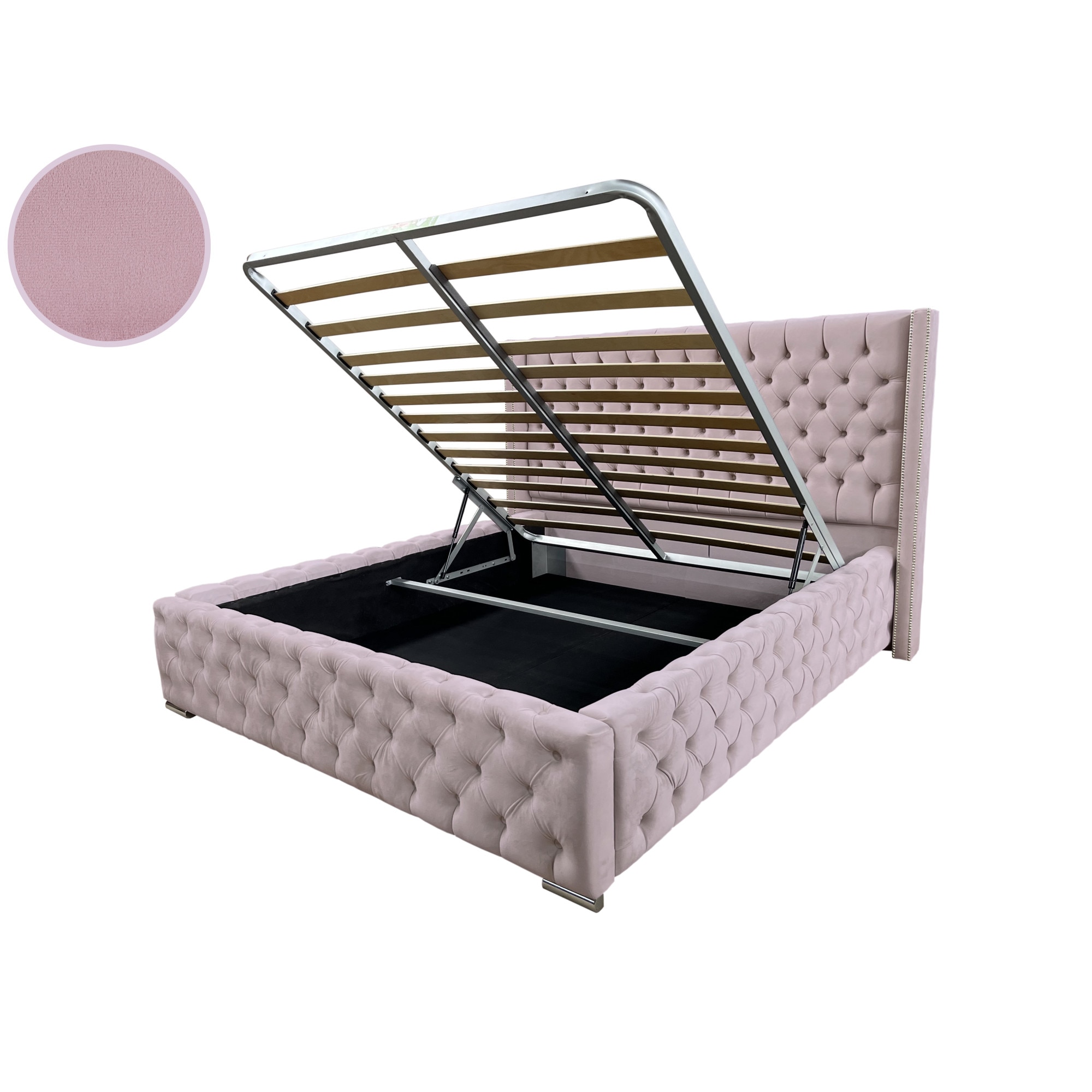 Pat tapitat Pierre Luxury, cu lada de depozitare si somiera rabatabila ...