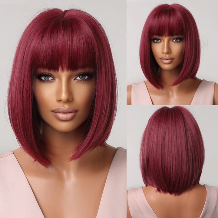 Peruca bob Visiniu / Burgundy, fibra sintetica cu aspect natural ...