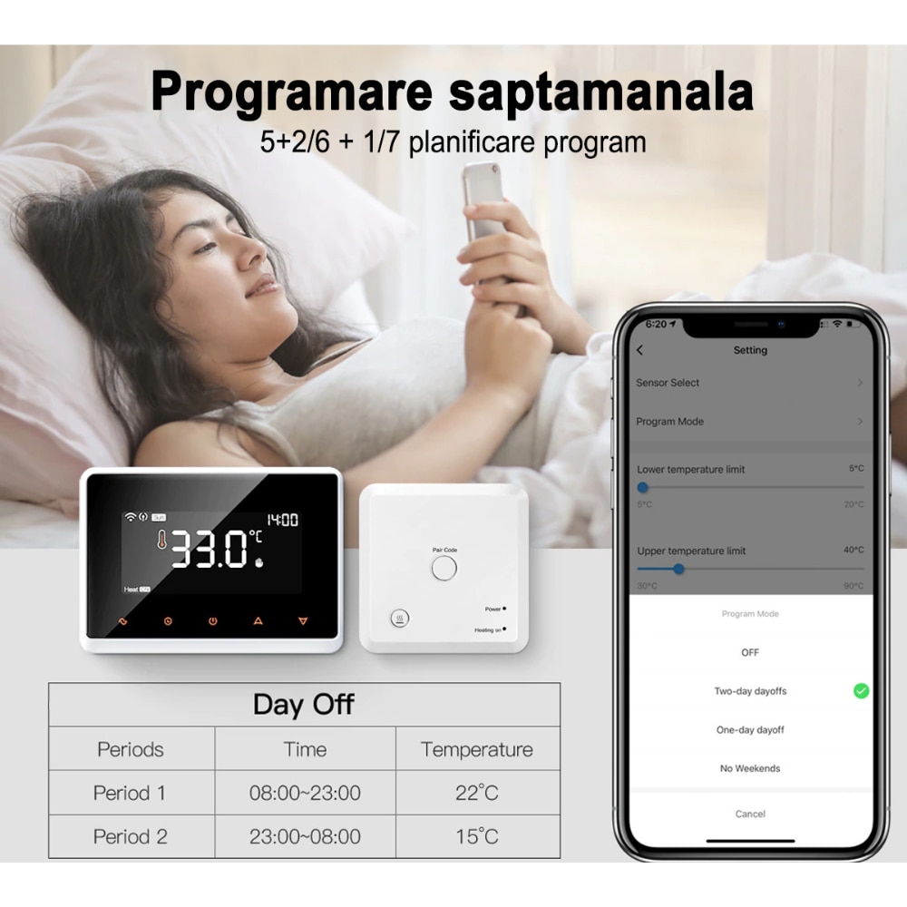 Termostat inteligent Wi-Fi, programabil, cu receptor, Control APP ...