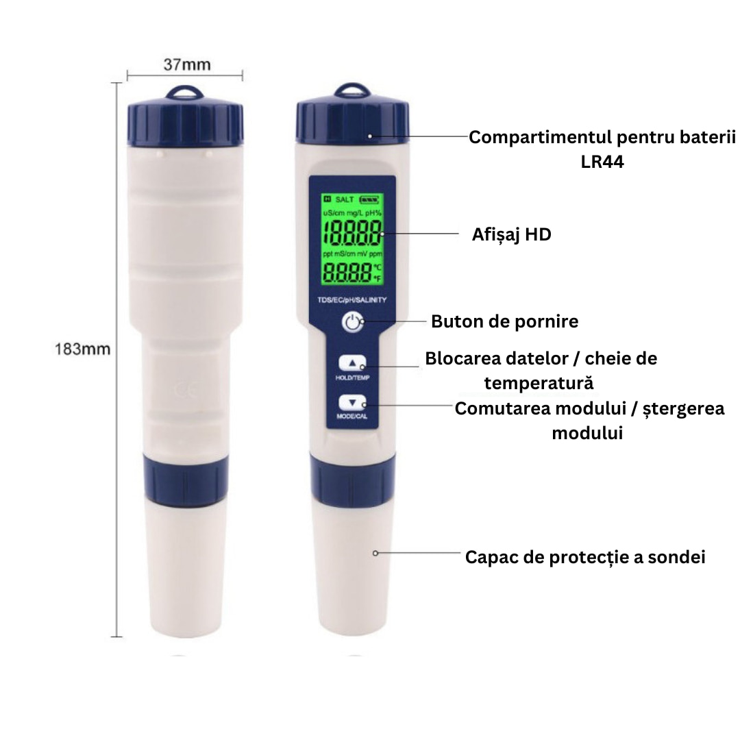 Tester Profesional Calitate Apa 5 in 1 PH/TDS/EC/salinitate/temperatura ...