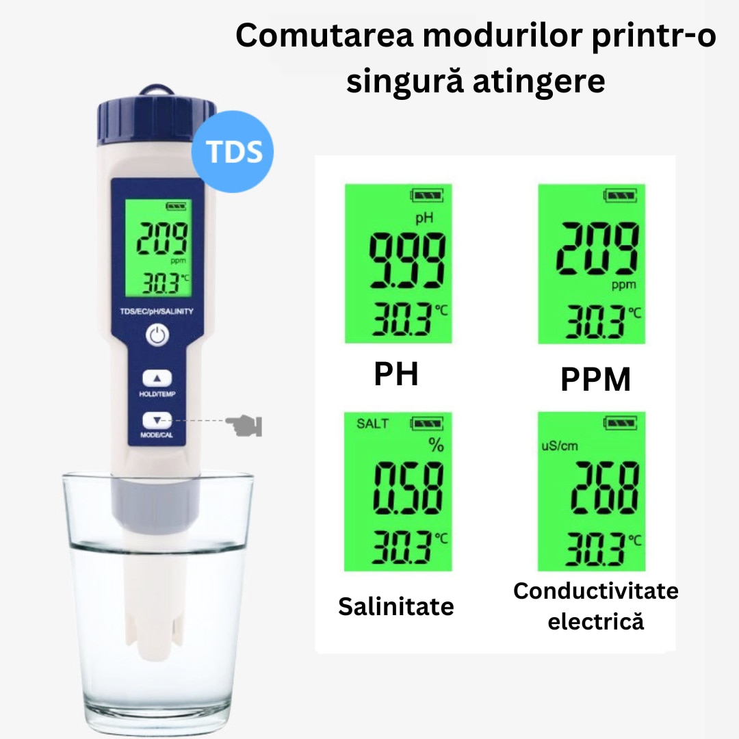Tester Profesional Calitate Apa 5 in 1 PH/TDS/EC/salinitate/temperatura ...