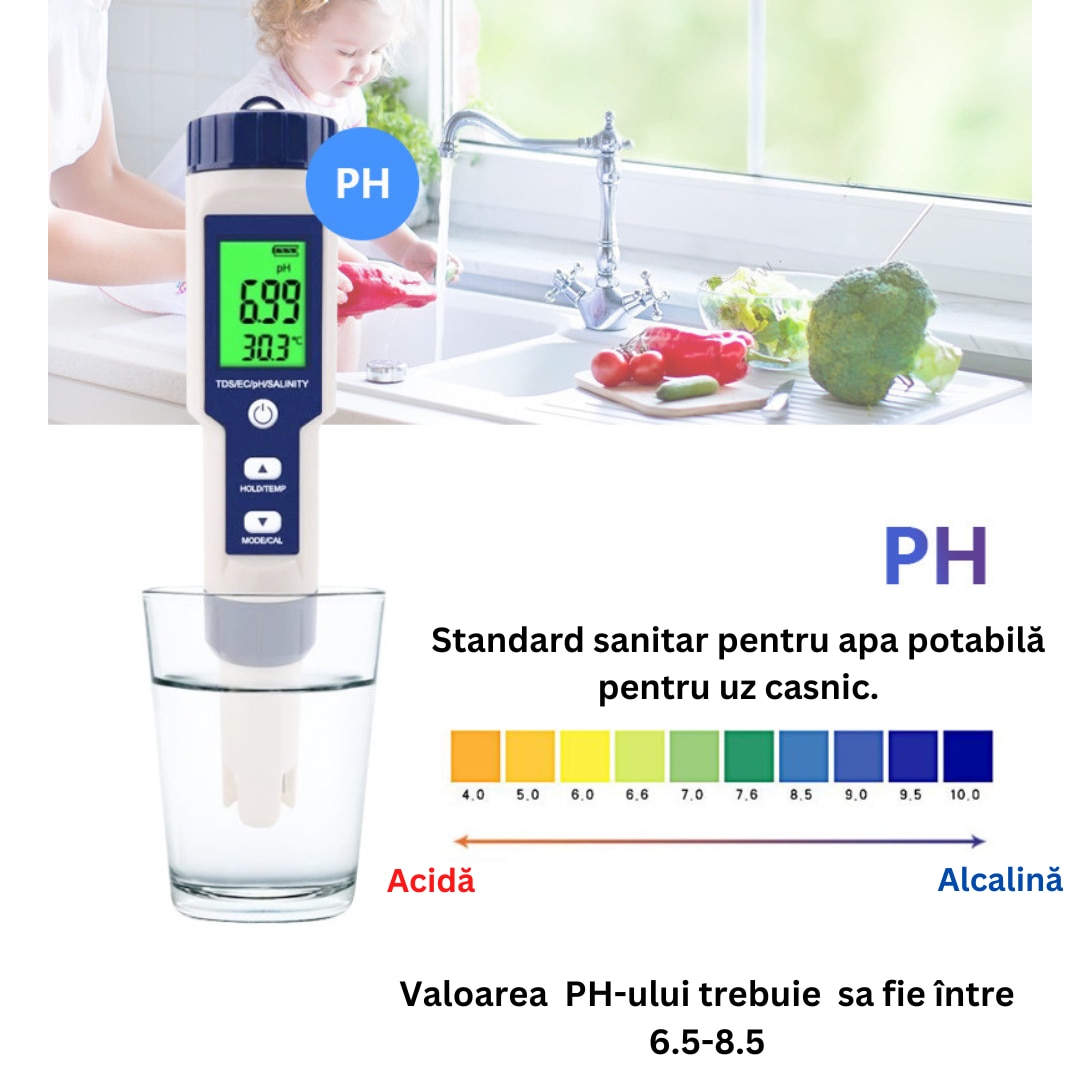Tester Profesional Calitate Apa 5 in 1 PH/TDS/EC/salinitate/temperatura ...