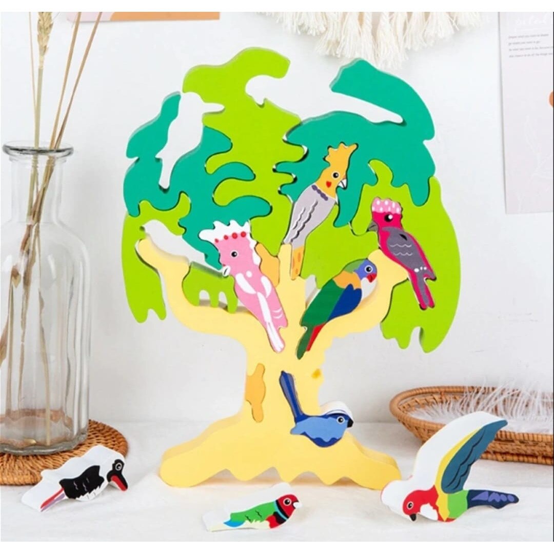 Joc educativ Montessori tip puzzle 3D, Copacul cu pasari viu colorate ...