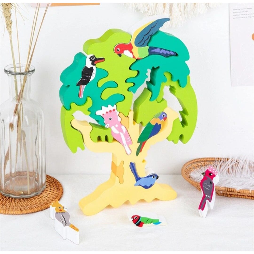 Joc educativ Montessori tip puzzle 3D, Copacul cu pasari viu colorate ...