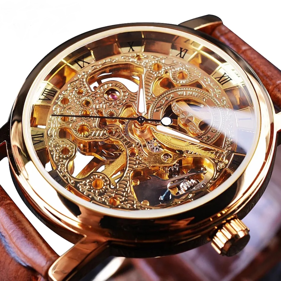 Ceas elegant, Winner, Mecanic, Skeleton, 3 ATM, Gold - eMAG.ro