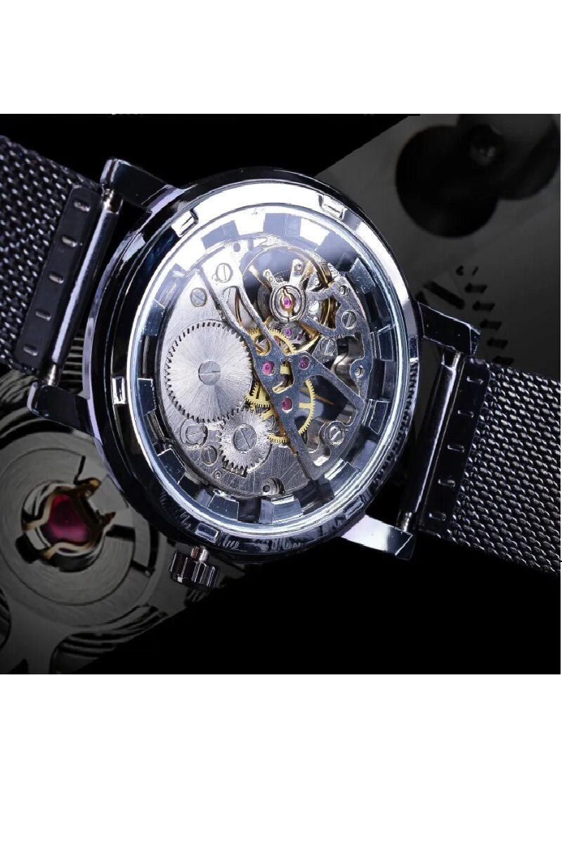 Ceas elegant, Winner, Mecanic, Skeleton, 3 ATM, Curea metalica, Negru ...