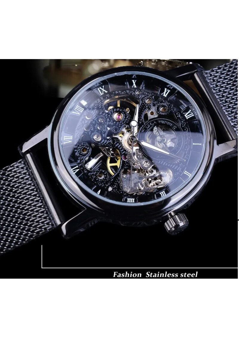 Ceas elegant, Winner, Mecanic, Skeleton, 3 ATM, Curea metalica, Negru ...
