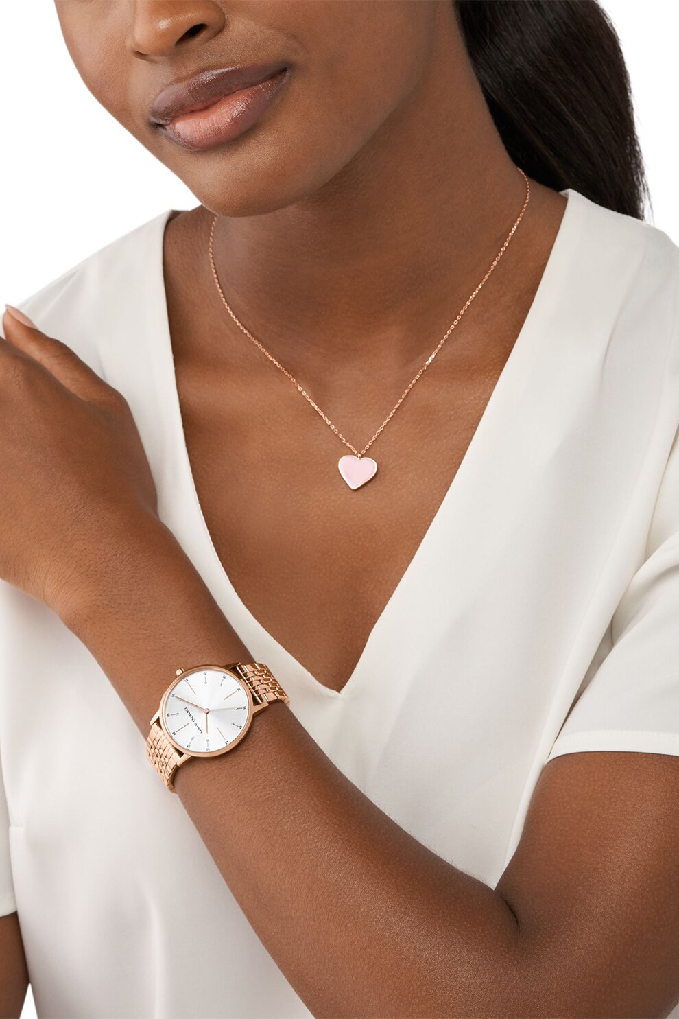 ARMANI EXCHANGE, Часовник и колие със сърцевидна висулка, Rose Gold ...