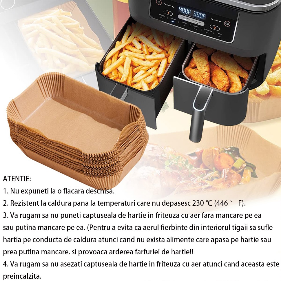 Set 100 hartii de copt pentru AirFryer, Amtok, Unica folosinta, 22x14x4 ...