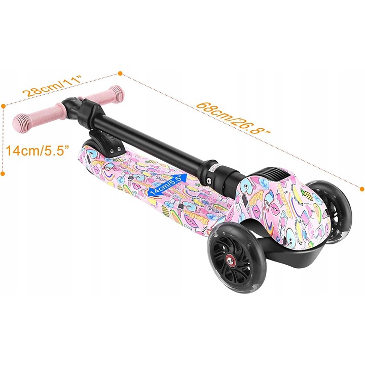 Scooter pliabil pe 3 roti, Pentru copii, Reglabil 74-84 CM, Greutate ...