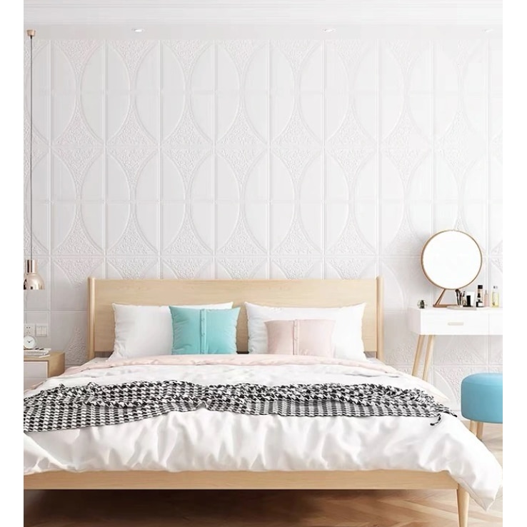 Set doua bucati Tapet Alb cu Flori albe 3D Autocolant 70cm x 70cm x 3 ...