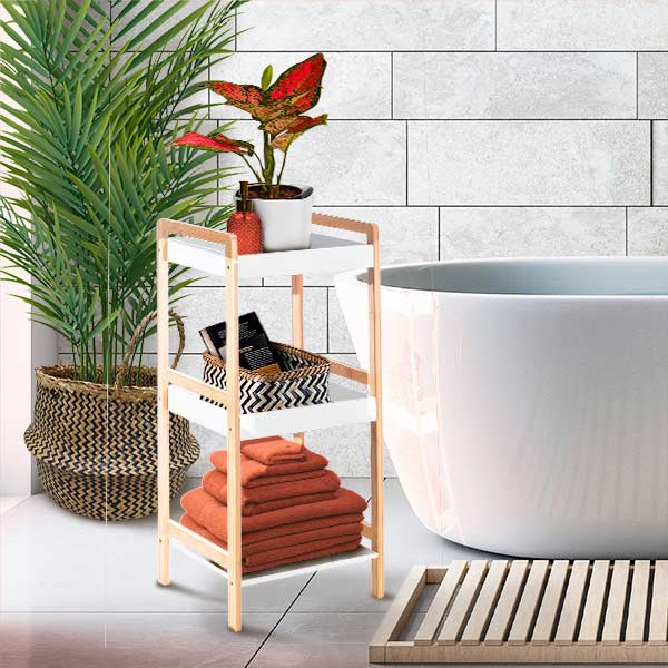 Etajera din bambus cu 3 rafturi, Frandis, 35.5x33x80 cm, natur/alb ...