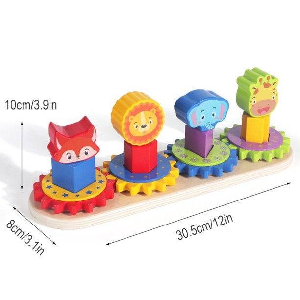 Joc Montessori de stivuire forme din lemn 4 Piramide cu animale si roti ...