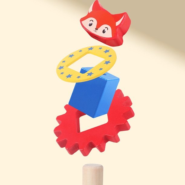Joc Montessori de stivuire forme din lemn 4 Piramide cu animale si roti ...
