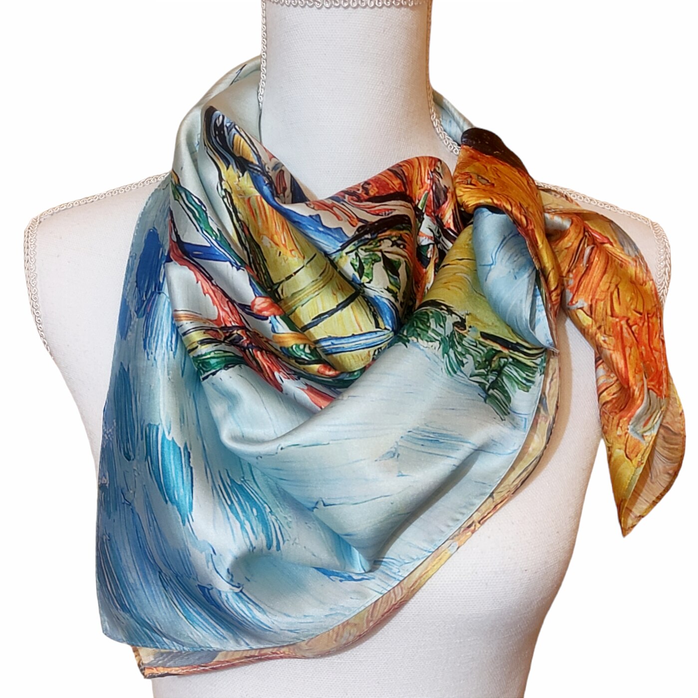 Esarfa patrata din matase, multicolora, imprimeu dupa o pictura cu ...