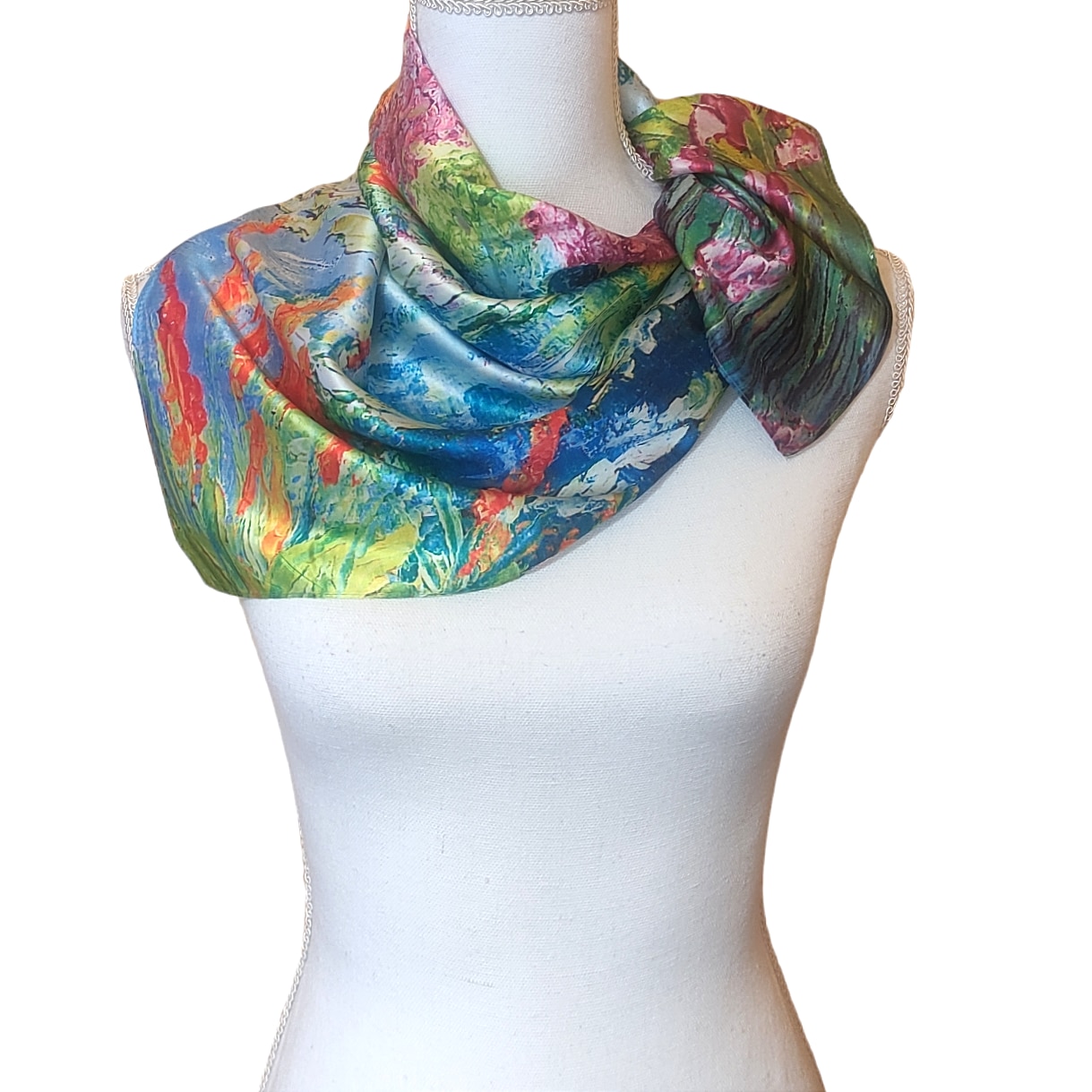 Esarfa patrata din matase, print floral multicolor, casa de pe malul ...