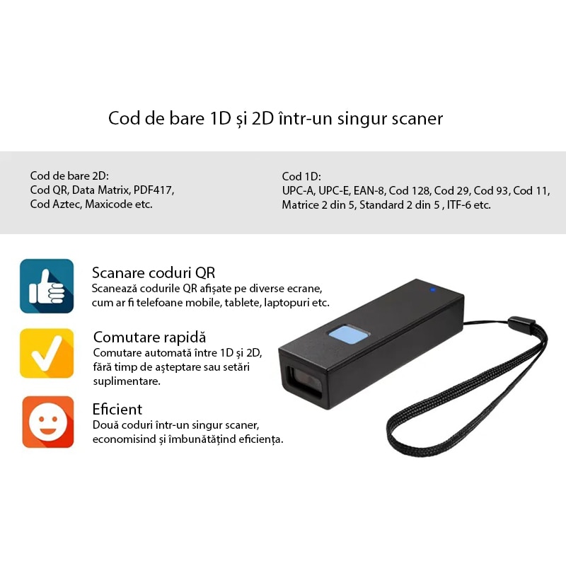 Cititor coduri de bare portabil, Scanner coduri 1D, 2D, QR cu laser ...