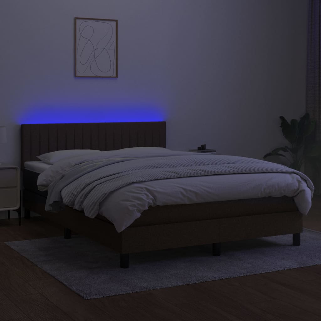 Pat cu arcuri vidaXL, saltea si LED, maro inchis, 140x200 cm, textil ...