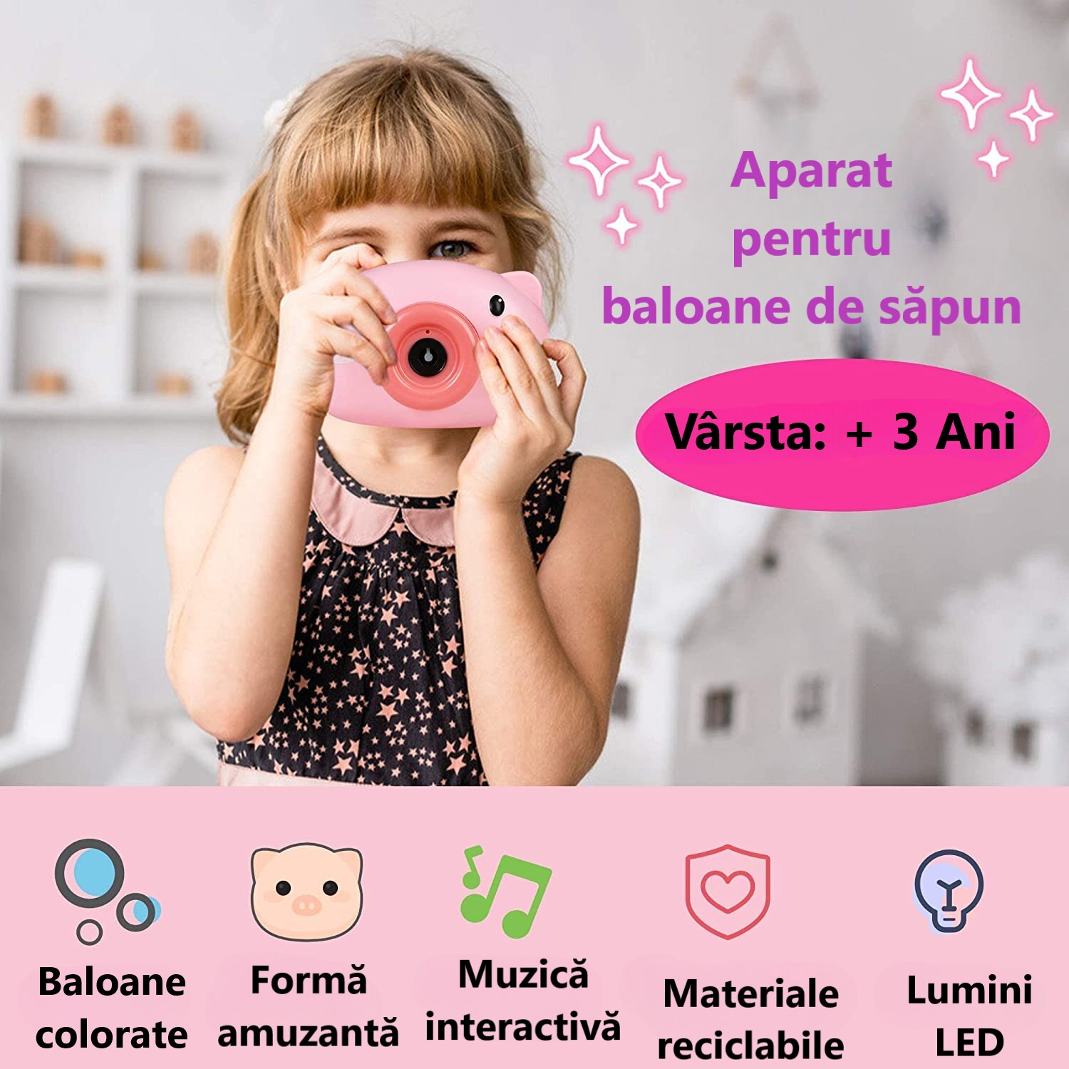 Jucarie Interactiva de Facut Baloane de Sapun, Aparat Foto cu Lumini si ...