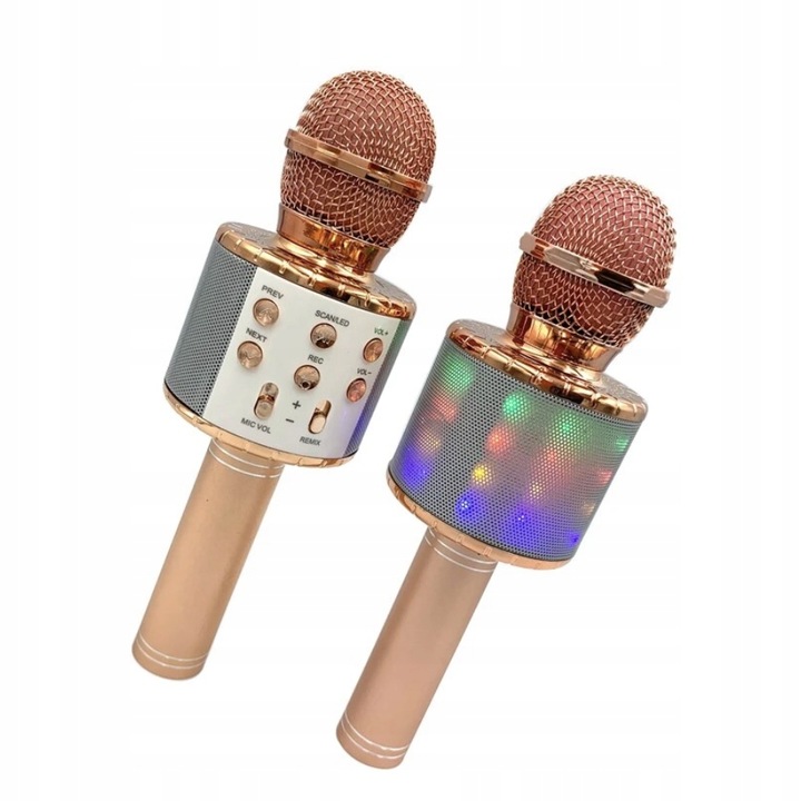 Microfon karaoke pentru copii, Rosfix, Bluetooth, Luminite, Auriu rose ...