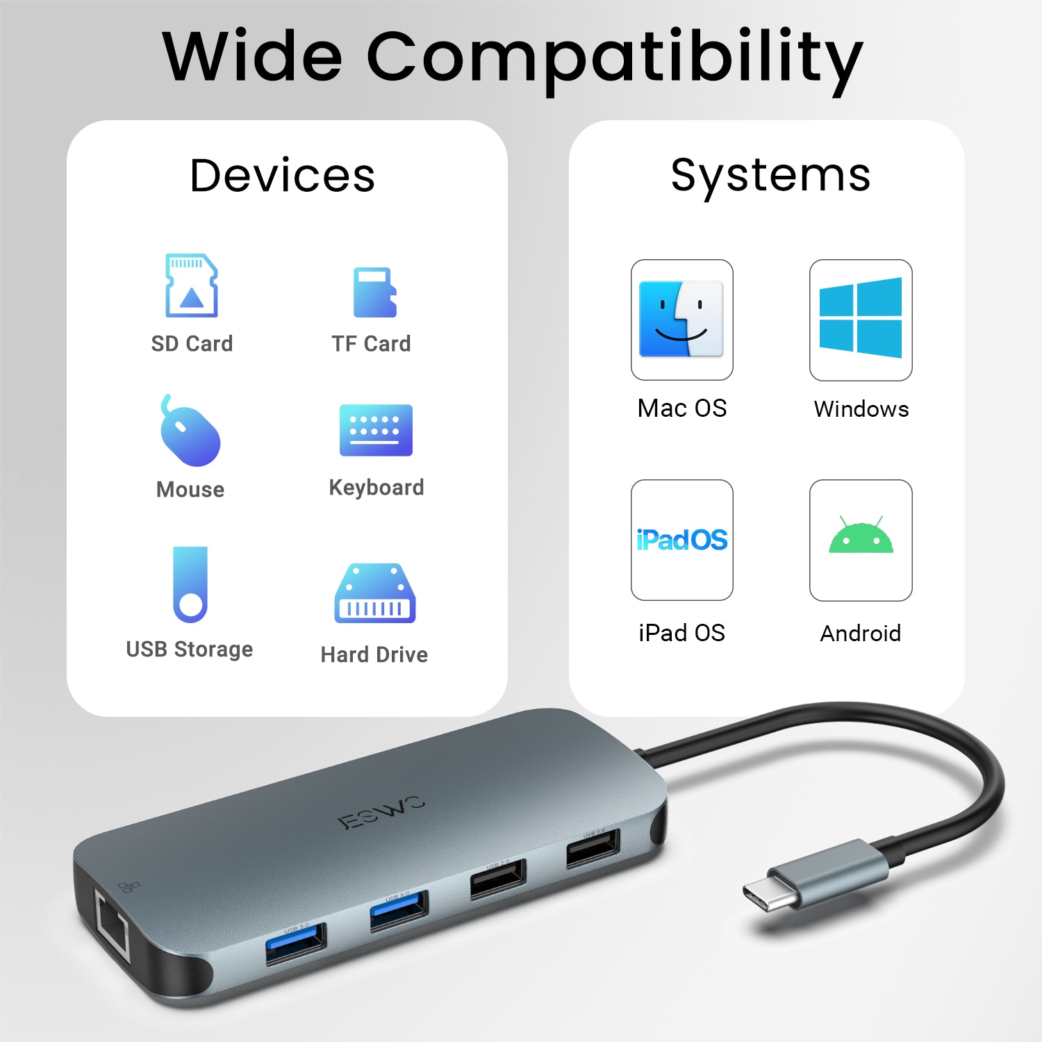 Хъб, JESWO, USB-C, 10 порта, 3x USB 3.0, 2x USB 2.0, 1x 4K HDMI, 100W PD, 1x SD/TF четец на ...