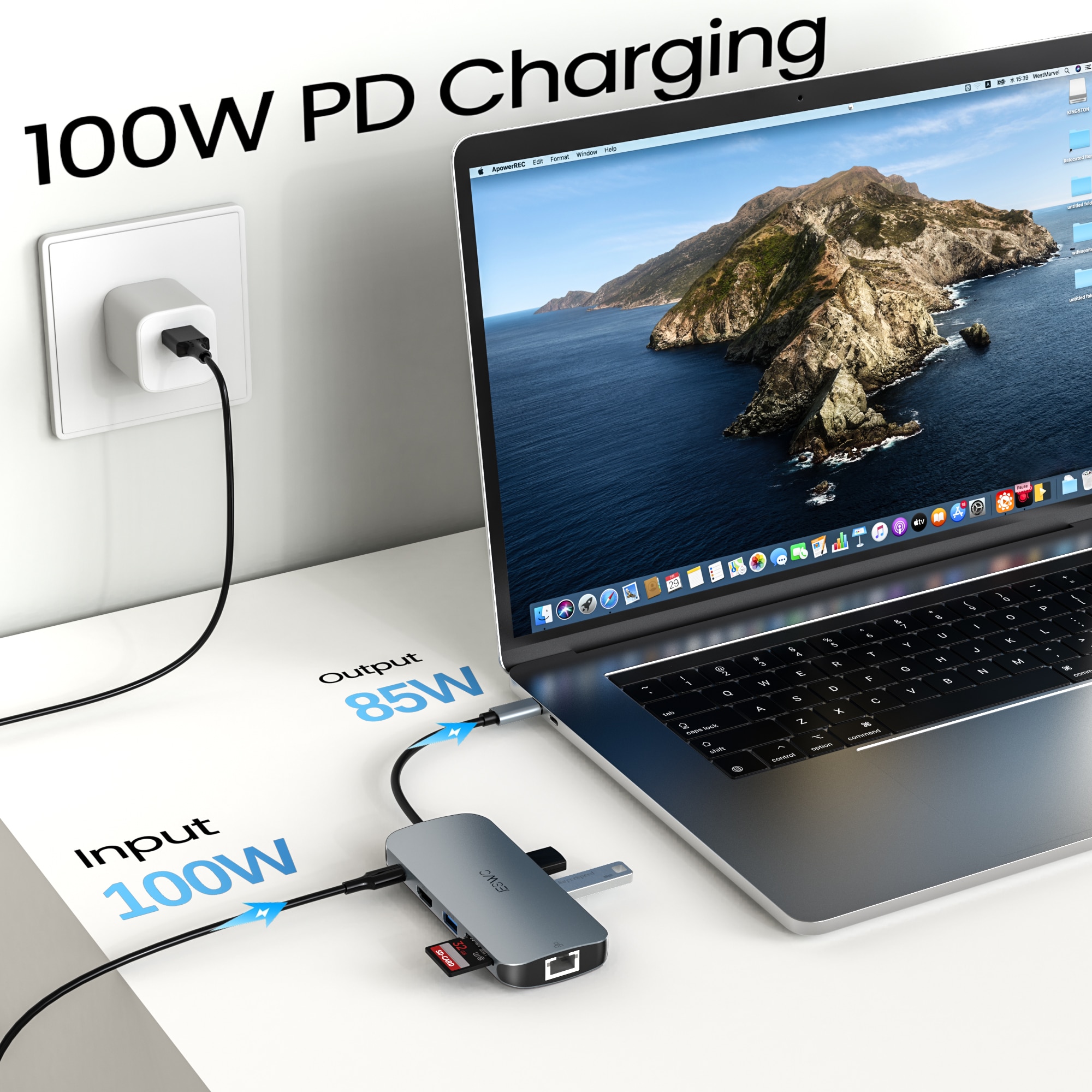 Hub, JESWO, USB-C, 10 Porturi, 3x USB 3.0, 2x USB 2.0, 1x 4K HDMI, 100W PD, 1x SD/TF Card Reader ...