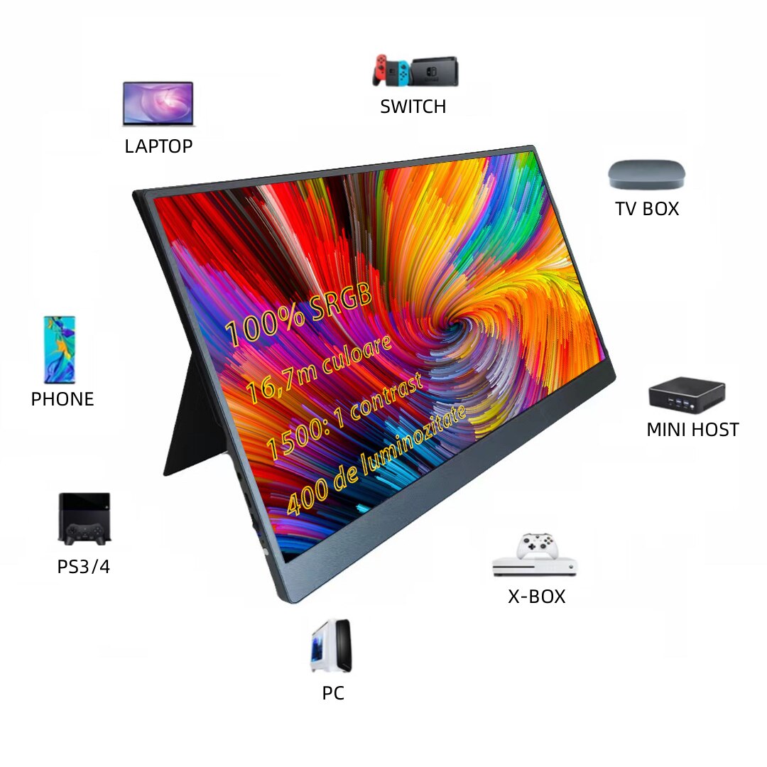 Преносим LED монитор, IOIOOO®, 100% sRGB, 16,7 милиона цвята, 400 нита ...
