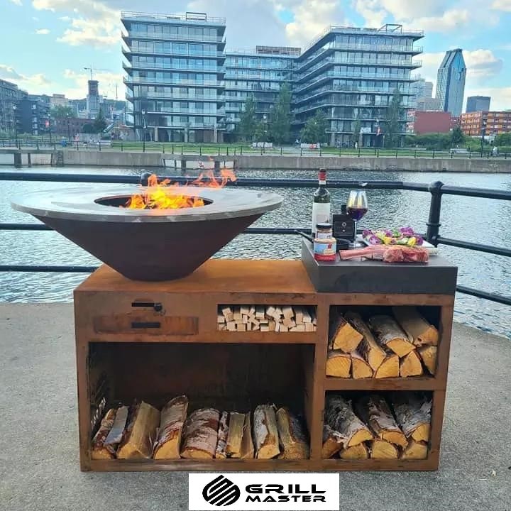 Gratar GrillMaster pe lemne cu plita, blat de lucru din otel corten 130 ...