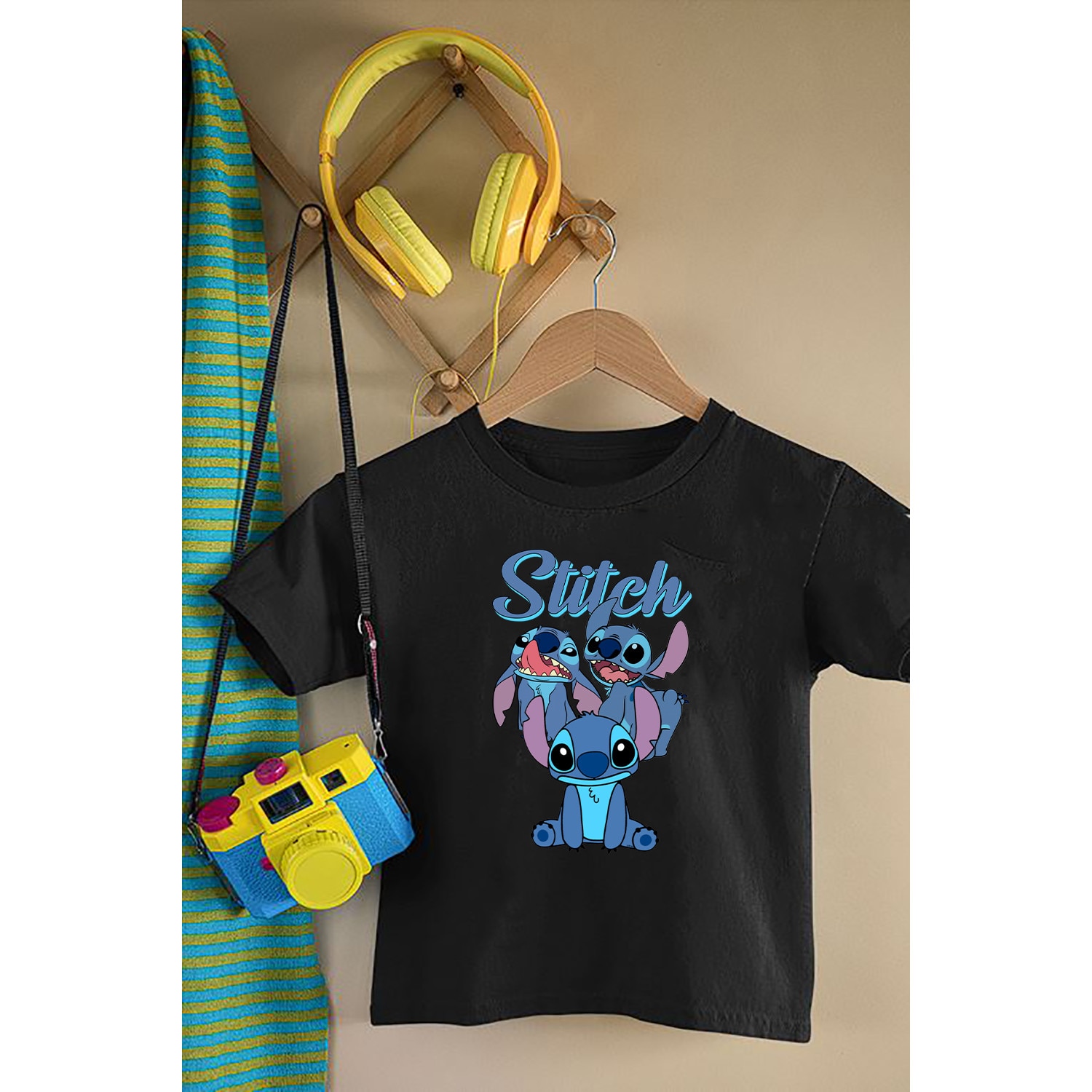 Tricou personalizat pentru copii cu imprimeu, Desene - Stitch, Negru ...