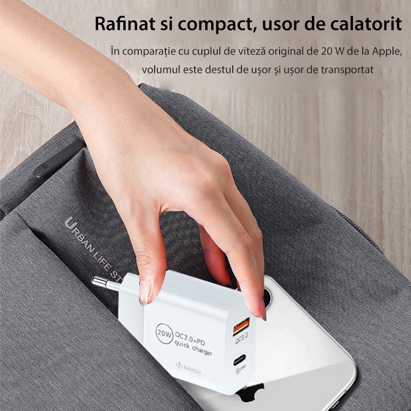 Incarcator telefon mobil, incarcator rapid PD20W QC3.0 dual-port ...