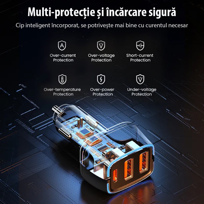 Incarcator auto USB multifunctional PD, cu lumina LED, incarcator auto ...