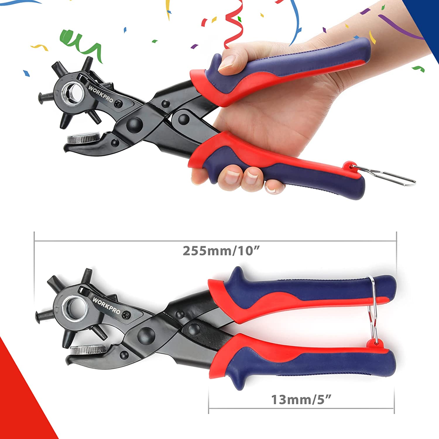 Cleste pentru perforare curea, WORKPRO, Perforatoare 255 mm, Perforatoare rotunde 3,5-4-4,5 mm ...