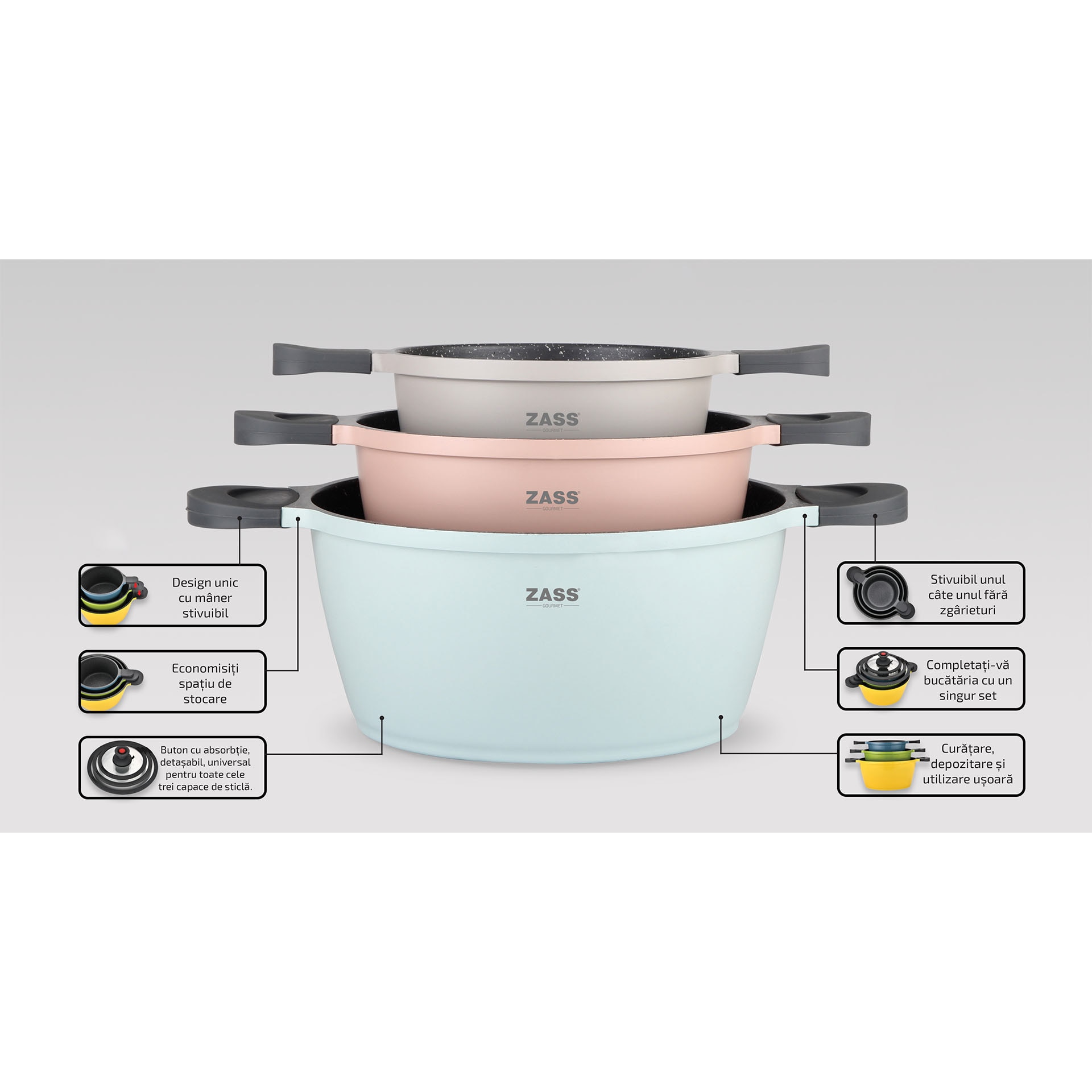 Set 3 oale antiaderente din aluminiu turnat sub presiune Zass Gourmet ...