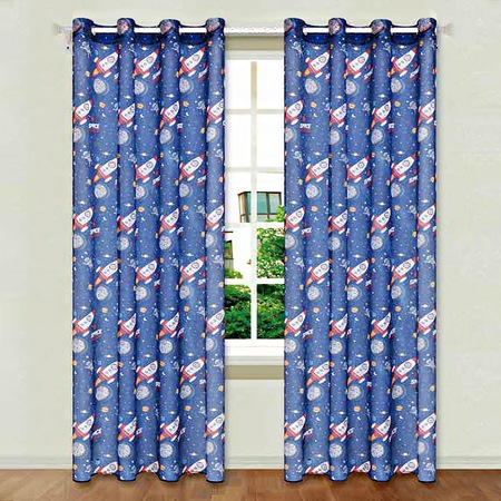 Draperie copii, dormitor, cu inele, model spatiu, albastru, poliester ...