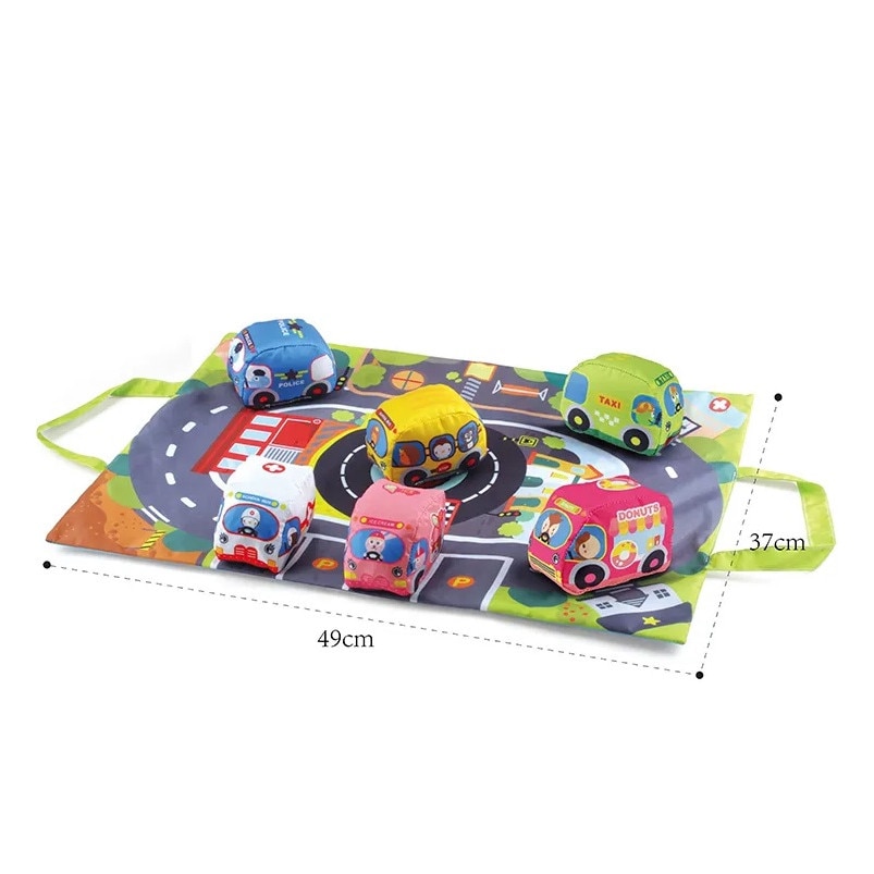 Set cu 6 masinute textile moi si 1 saculet cu manere care se transforma ...