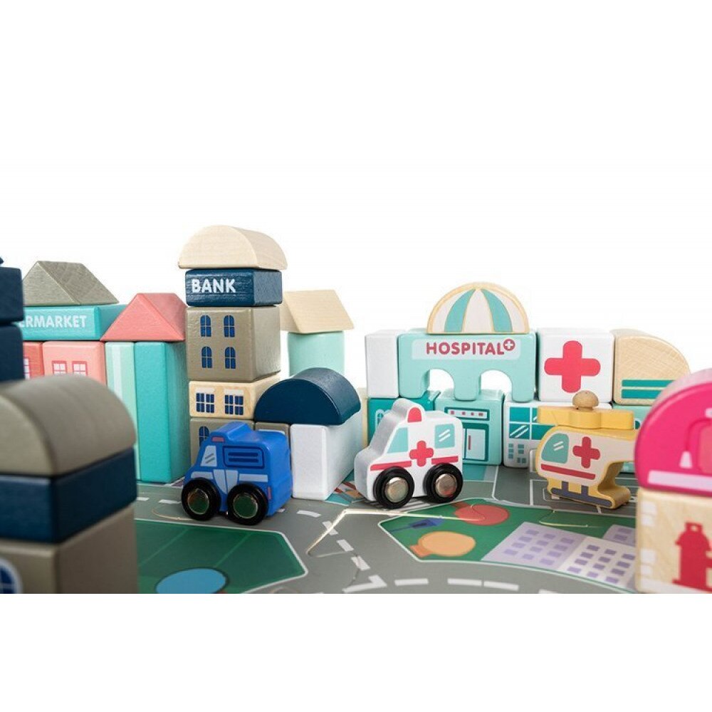 Set de constructie din lemn, mini orasel, covoras din puzzle, 115 piese ...