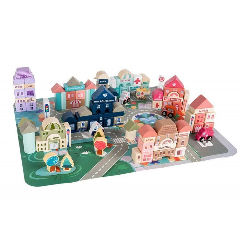Set de constructie din lemn, mini orasel, covoras din puzzle, 115 piese ...