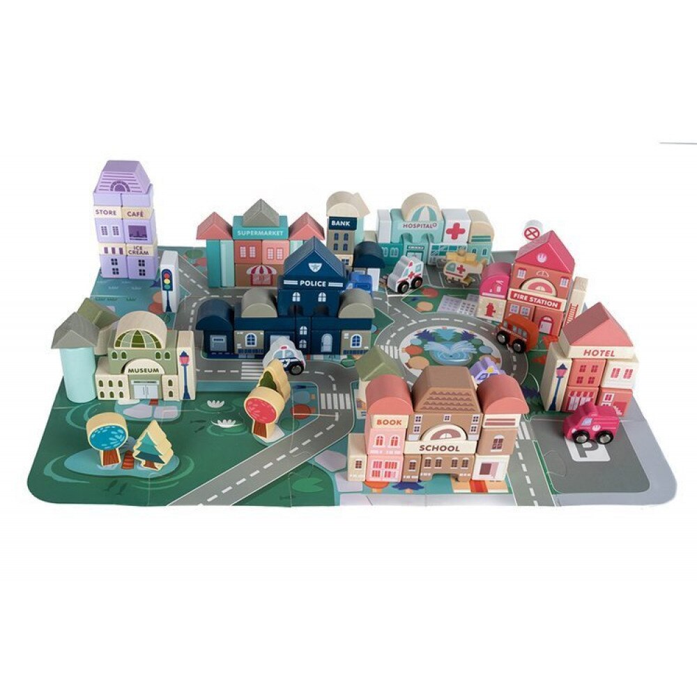 Set de constructie din lemn, mini orasel, covoras din puzzle, 115 piese ...