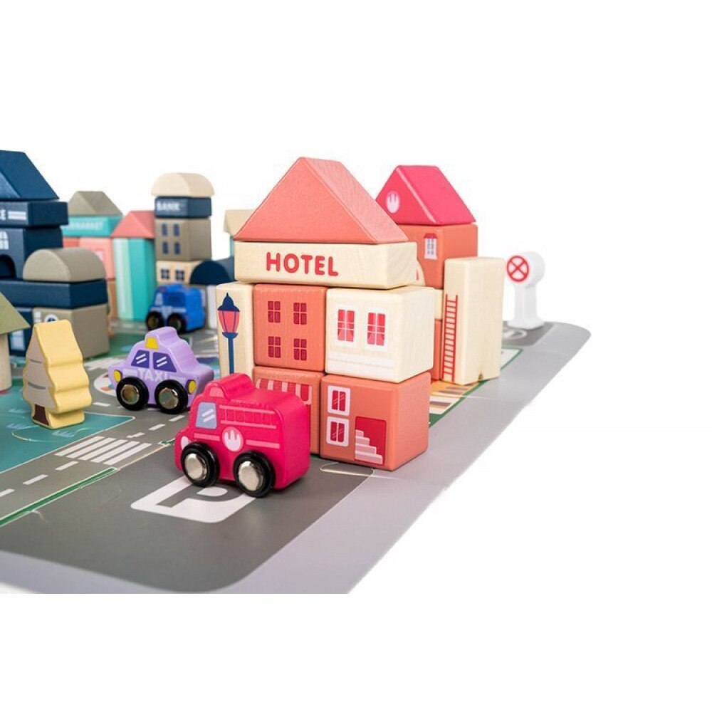 Set de constructie din lemn, mini orasel, covoras din puzzle, 115 piese ...