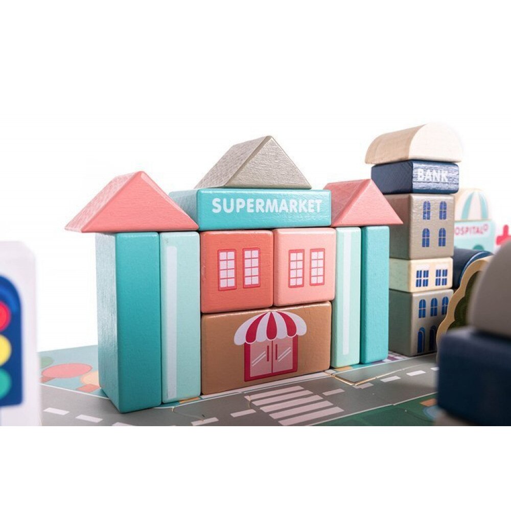 Set de constructie din lemn, mini orasel, covoras din puzzle, 115 piese ...