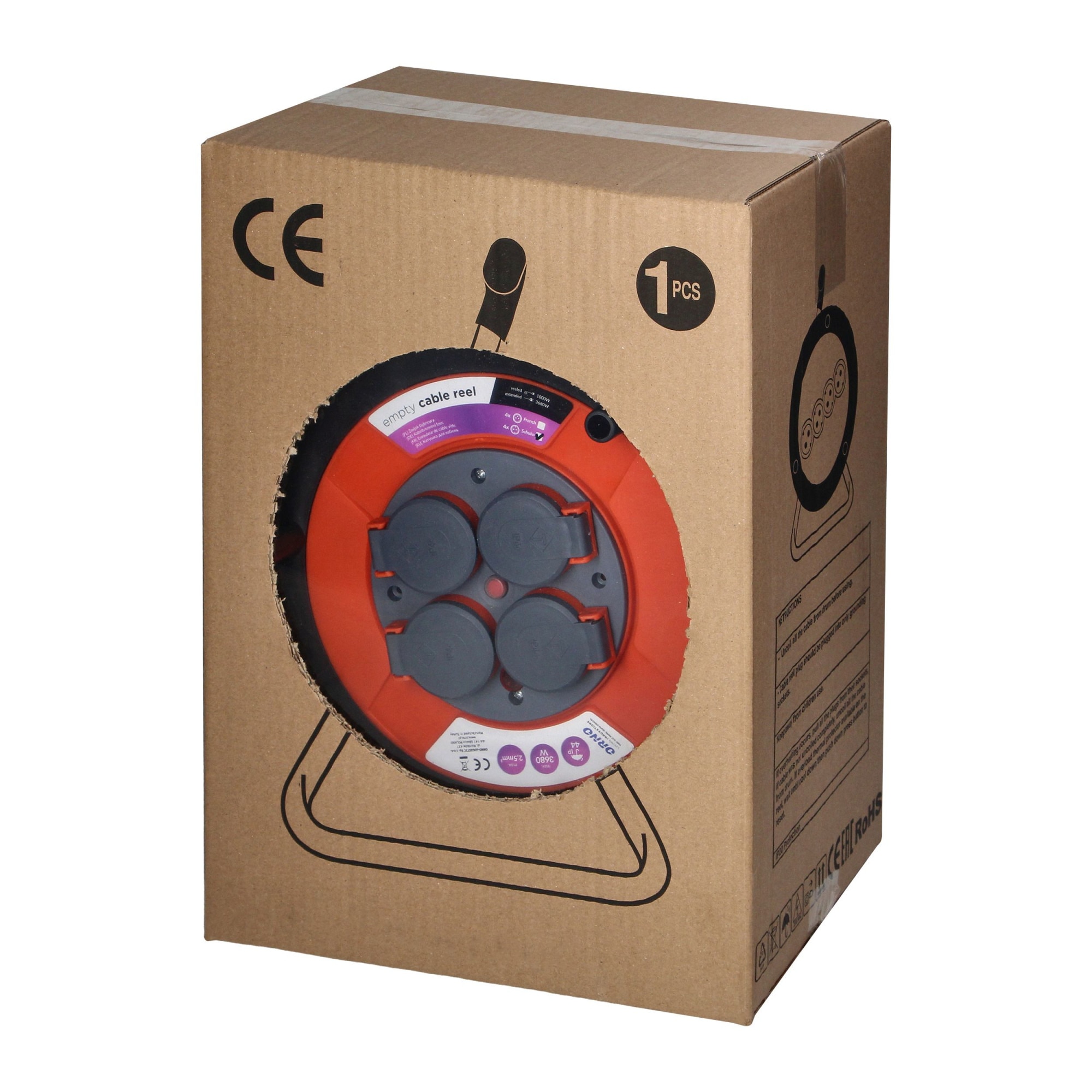 Derulator cablu cu tambur, fara cablu, 4 prize cu capac, IP 44, negru ...