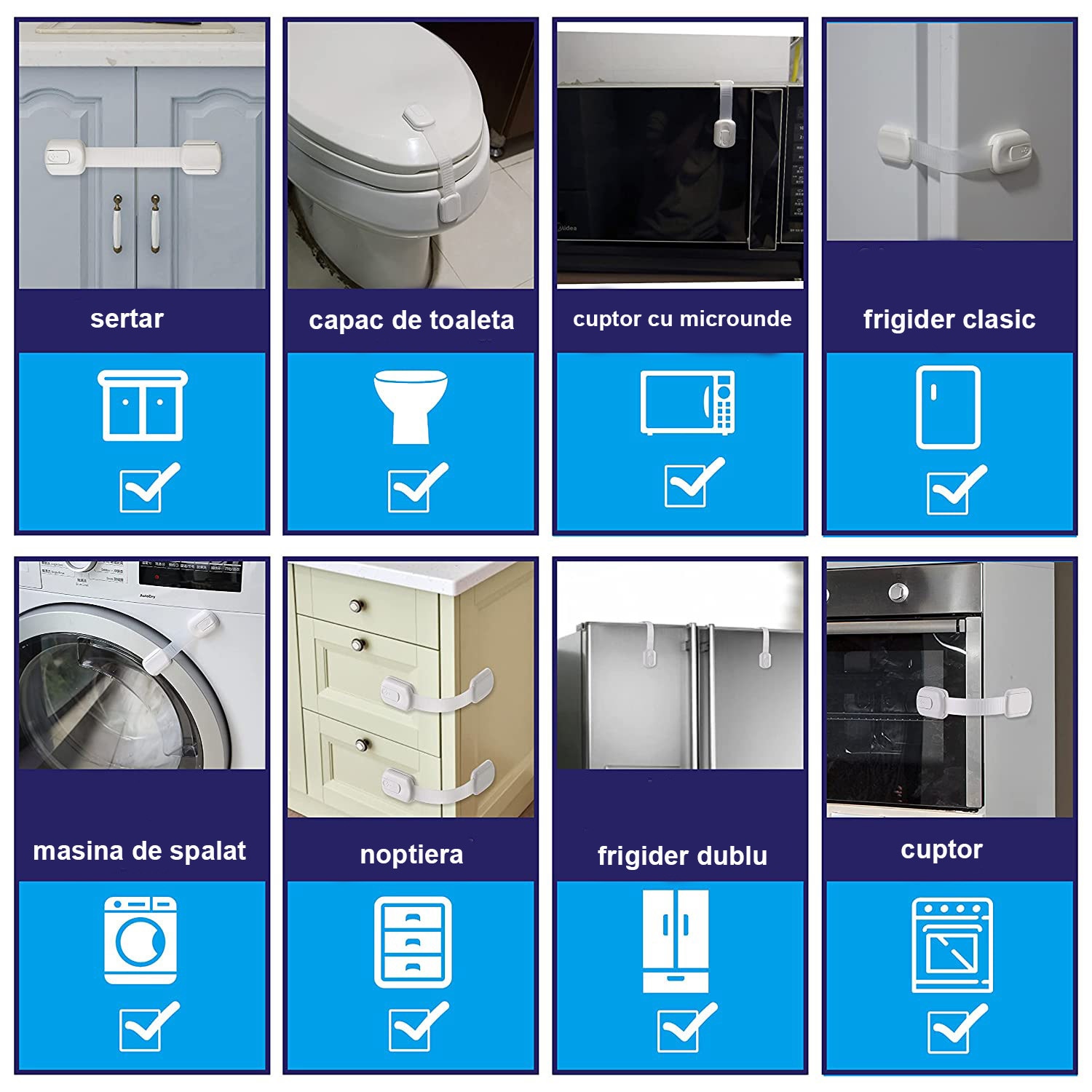 Set 6 Sigurante Usi Copii, WowStep®, Blocheaza Sertare, Frigider, Congelator, Ajustabile pe ...