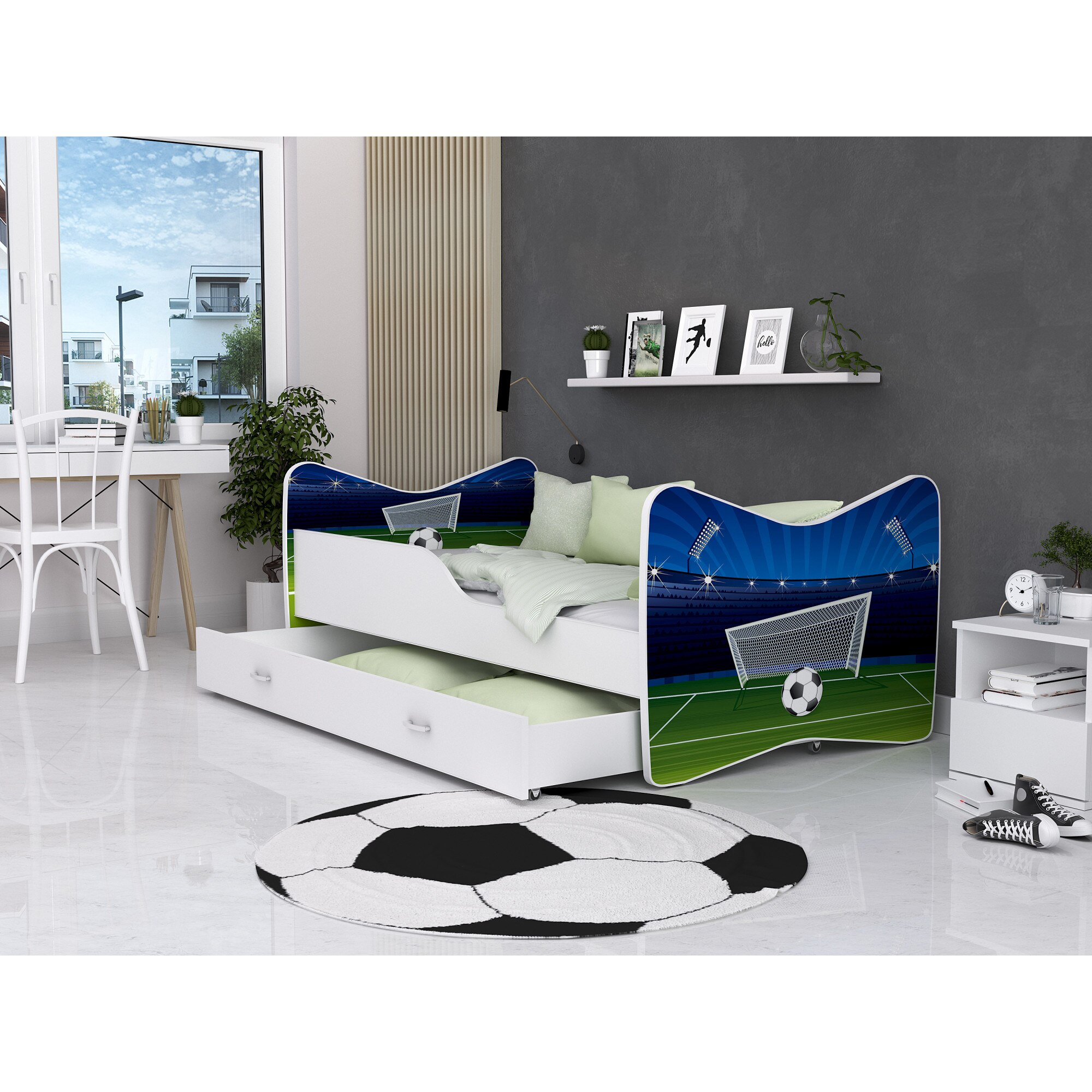 Pat pentru copii, Eurotel, Kevin, 70x140 cm, Alb/Verde/Albastru, Saltea ...